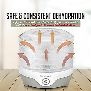 OVENTE Food Dehydrator Machine with 5 Stackable Clear Trays and Drying Space, 240W Electric Food Preserver and Dryer for Snacks, Beef Jerky, Fruits, Veggies, Yogurt and Herbs, Grey DF215GY