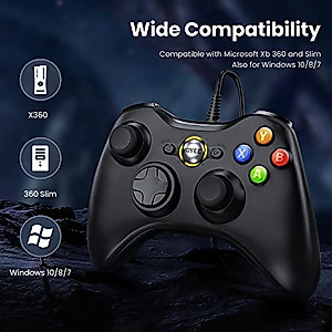 VOYEE PC Controller, Wired Controller Compatible with Microsoft Xbox 360 & Slim/PC Windows 10/8/7, with Upgraded Joystick, Double Shock | Enhanced (Black)