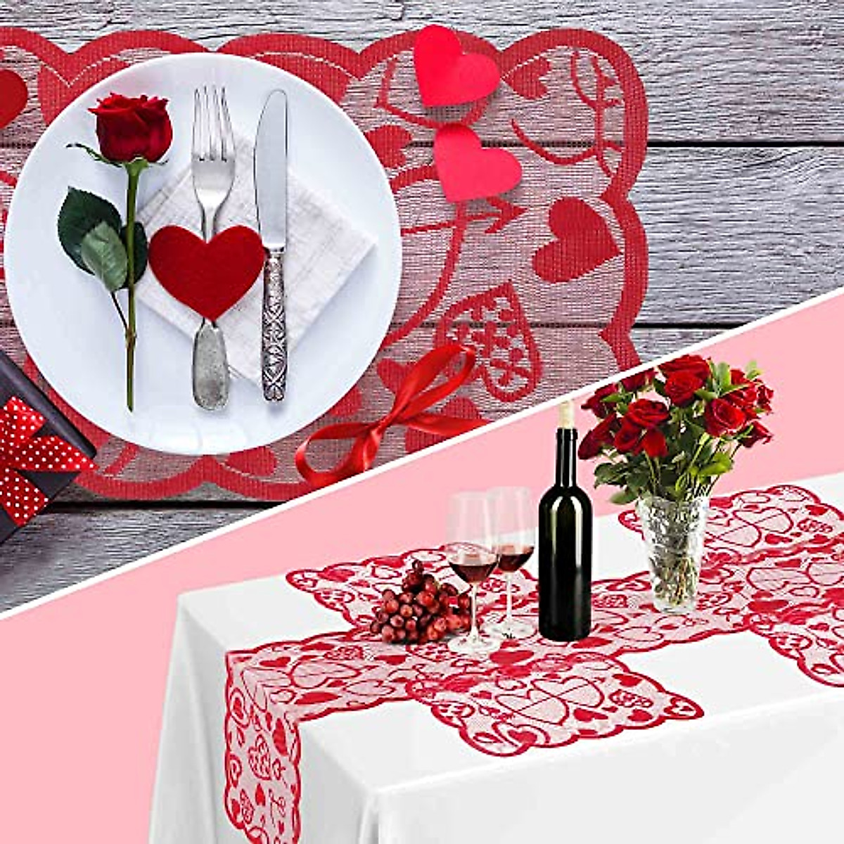 Valentines Day Decorations Table Runner with 4 Placemats, 13 x 72 Inch Red Rose Romantic Lace Table Mats Set for Valentine's Day Wedding Anniversary Party Supplies Home Table Dinner Decor