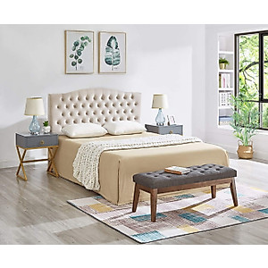 24KF Linen Upholstered Buttons Tufted Entryway Bench with Solid Wood Leg,Bed Bench Ottoman with Padded Seat,5034-Dark Gray