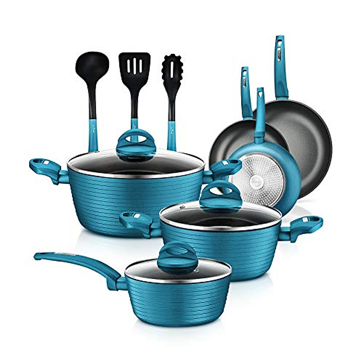 NutriChef Kitchenware Pots&Pans Stylish Cookware, Non-Stick Coating Inside&Outside+Heat Resistant Lacquer, Light Gray Inside and Green Outside(12-Piece Set), One Size, Teal