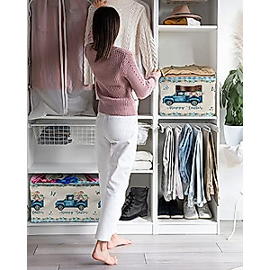 1 PCS Large Storage Basket Bins Waterproof Fabric, Easter Rectangular Storage Box for Shelf Closet Organizer Easter Egg Easter Bunny Butt Blue Plaid Spring Holiday Rustic