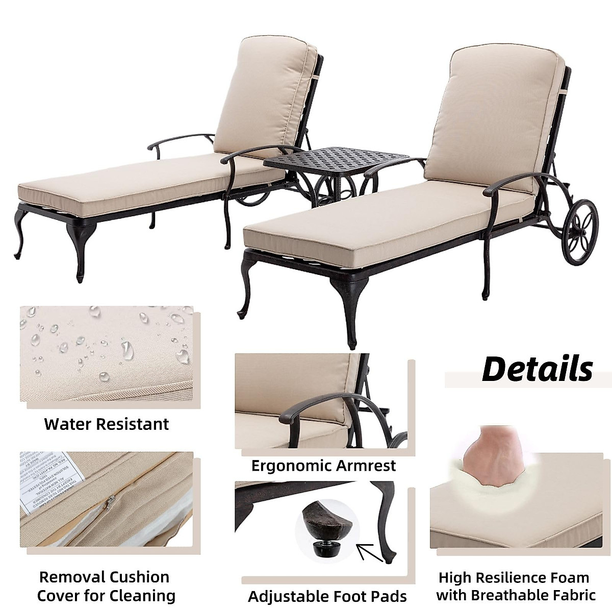 Luccalily Chaise Lounge Outdoor Chair with Side Table, Adjustable Reclining Rust-Resistant Aluminum Cast Poolside Chaise with Convenient Wheels, Outdoor Lounge Furniture Set of 3, (Beige)