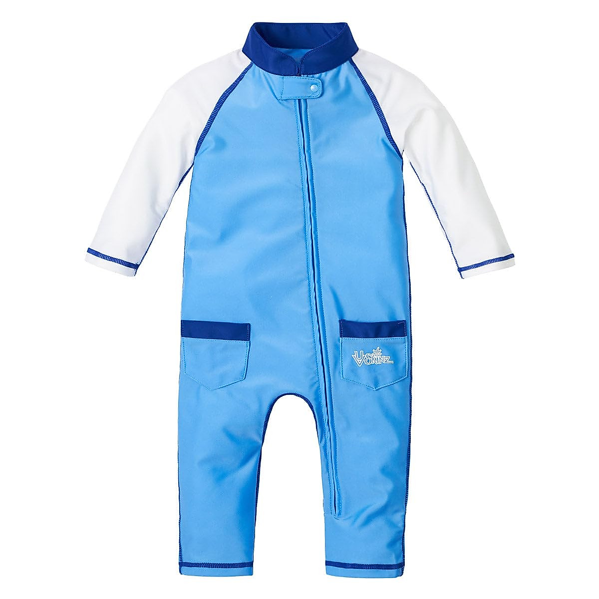 UV SKINZ Baby Boys’ Sun and Swimsuit with UPF 50+ Sun Protection – One-Piece Swimsuit, Baby and Toddler Full Coverage Swim - Ocean Blue/White - 3T