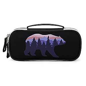Bear Roaming The Forrest PU Leather Pencil Pen Case Organizer Travel Makeup Handbag Portable Stationery Bag