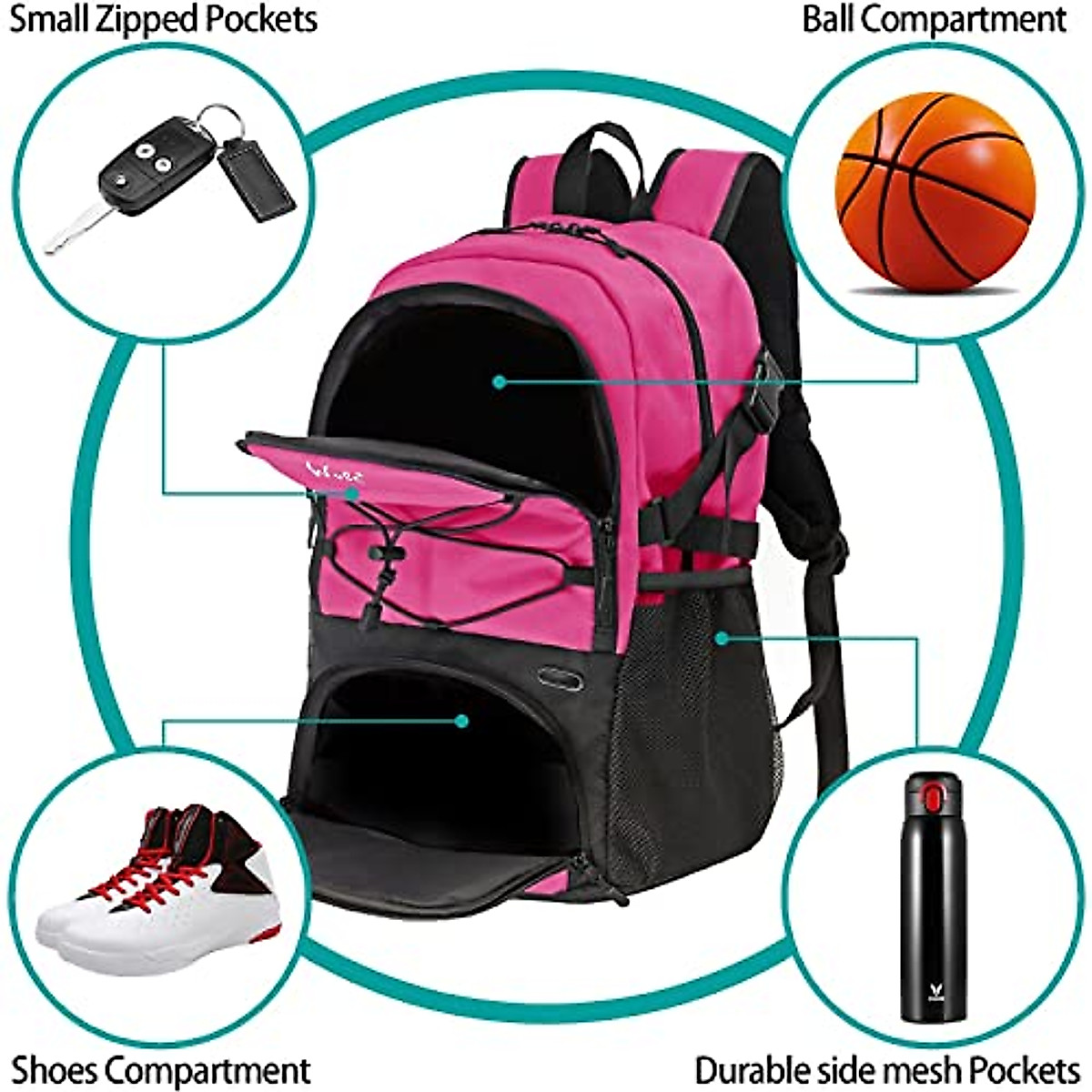 WOLT | Basketball Backpack Large Sports Bag with Separate Ball holder & Shoes compartment, Best for Basketball, Soccer, Volleyball, Swim, Gym, Travel (Pink)