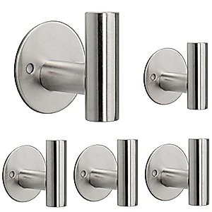 HarJue Bath Towel Hooks, 304 Stainless Steel Robe Towel Hooks Heavy-Duty Waterproof Rustproof Coat Hook for Bathroom and Kitchen- Wall Mounted and Self-Adhesive Installation, 5 Pack (Brushed Nickel)
