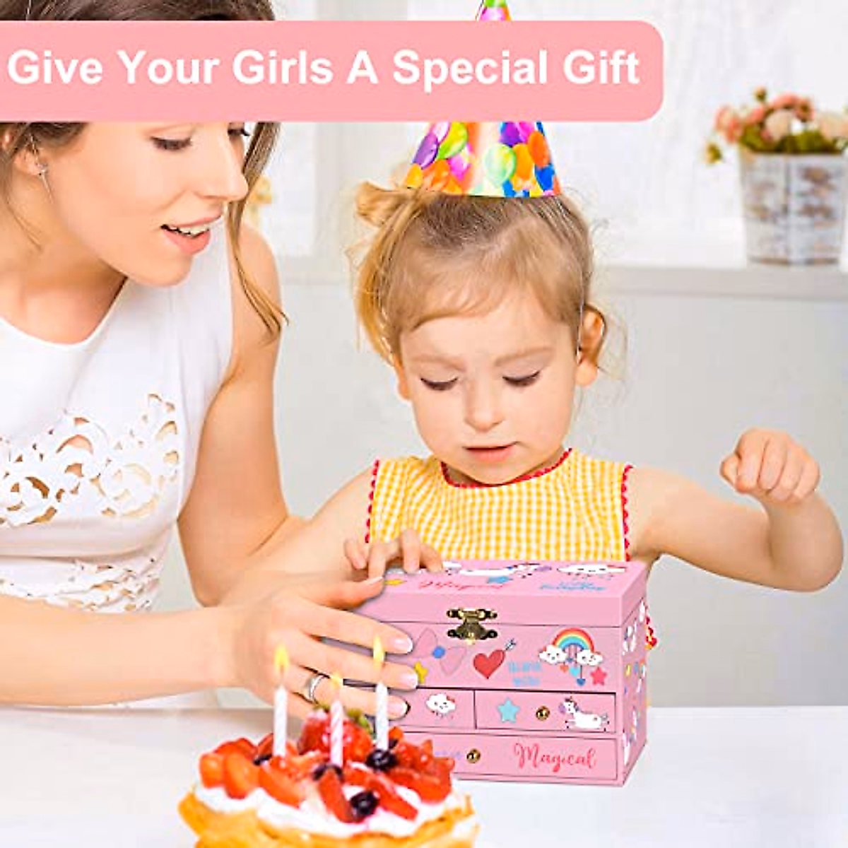 efubaby Musical Jewelry Box for Girls with Spinning Ballerina Unicorn Design, 3 Pullout Drawers, Unicorn Jewelry Set Included Kids Jewelry Box for Little Girls Valentine Gift, Waltz of Flowers Tune