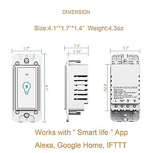Micmi Smart WiFi Light Switch Compatible with Alexa/Google Home IFTTT Timing Wireless Voice Control Function, Suit for 1/2/3/4 Gang Switch Box in Wall, Neutral Wire Required 1pack
