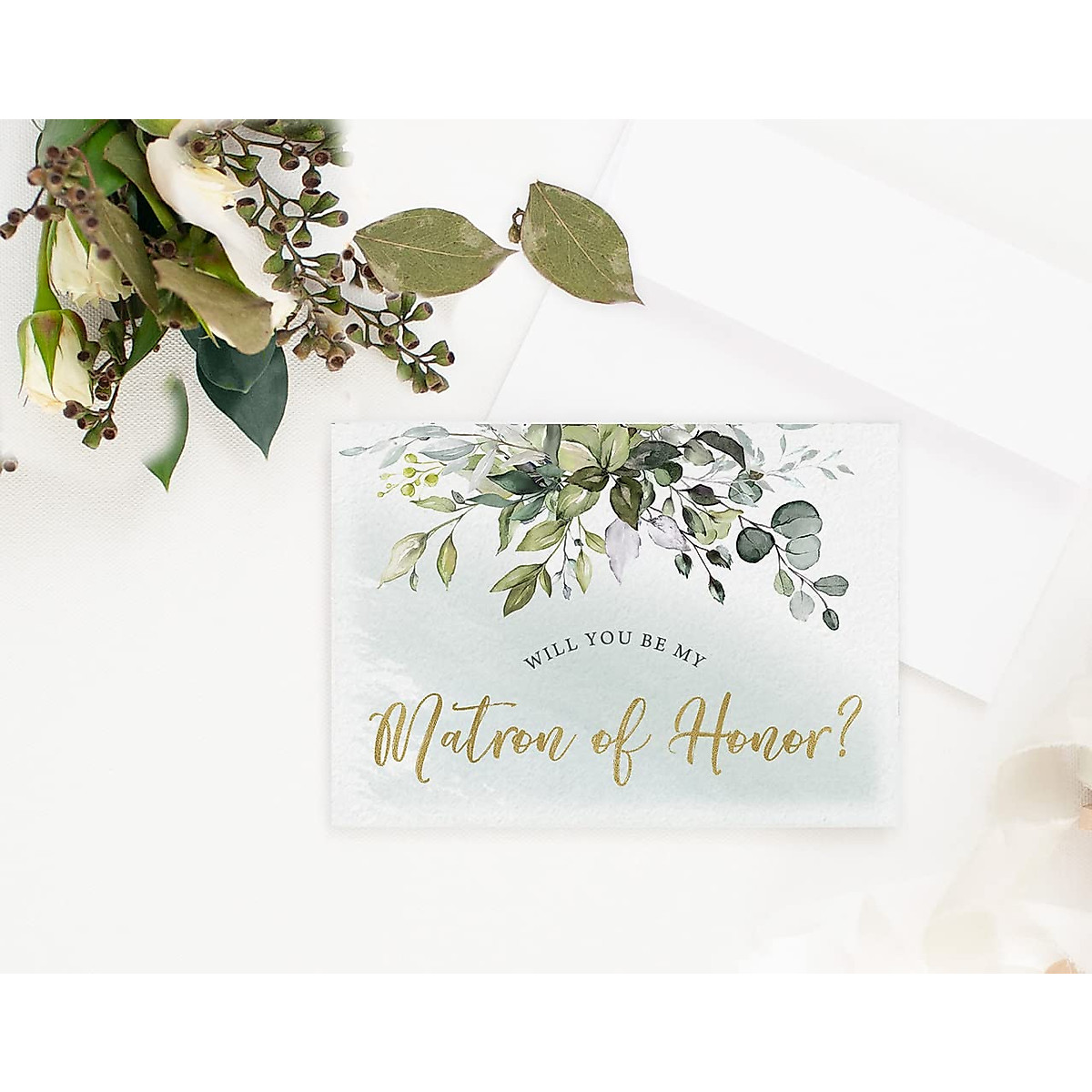 Printed Party Bridemaid Proposal Kit, 16 Cards and Envelopes, Greenery Eucalyptus, Includes Maid of Honor, Matron of Honor, and Flower Girl