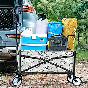 Collapsible Wagon Cart Pet Dog Footprints Heart and Bone Black Outline on a White Seamless Foldable Utility Wagon Large Capacity Garden Cart with Push Bar for Beach Camp Outdoor Shopping