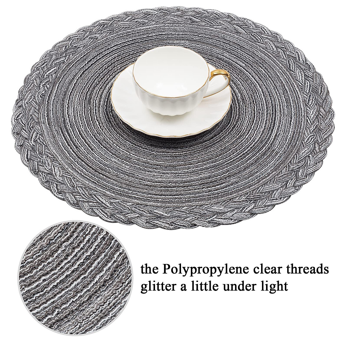 SHACOS Round Placemats Set of 6 Woven Round Table Mats 15 inch Braided Border Washable Cotton Polyester Circle Place Mats, Gray