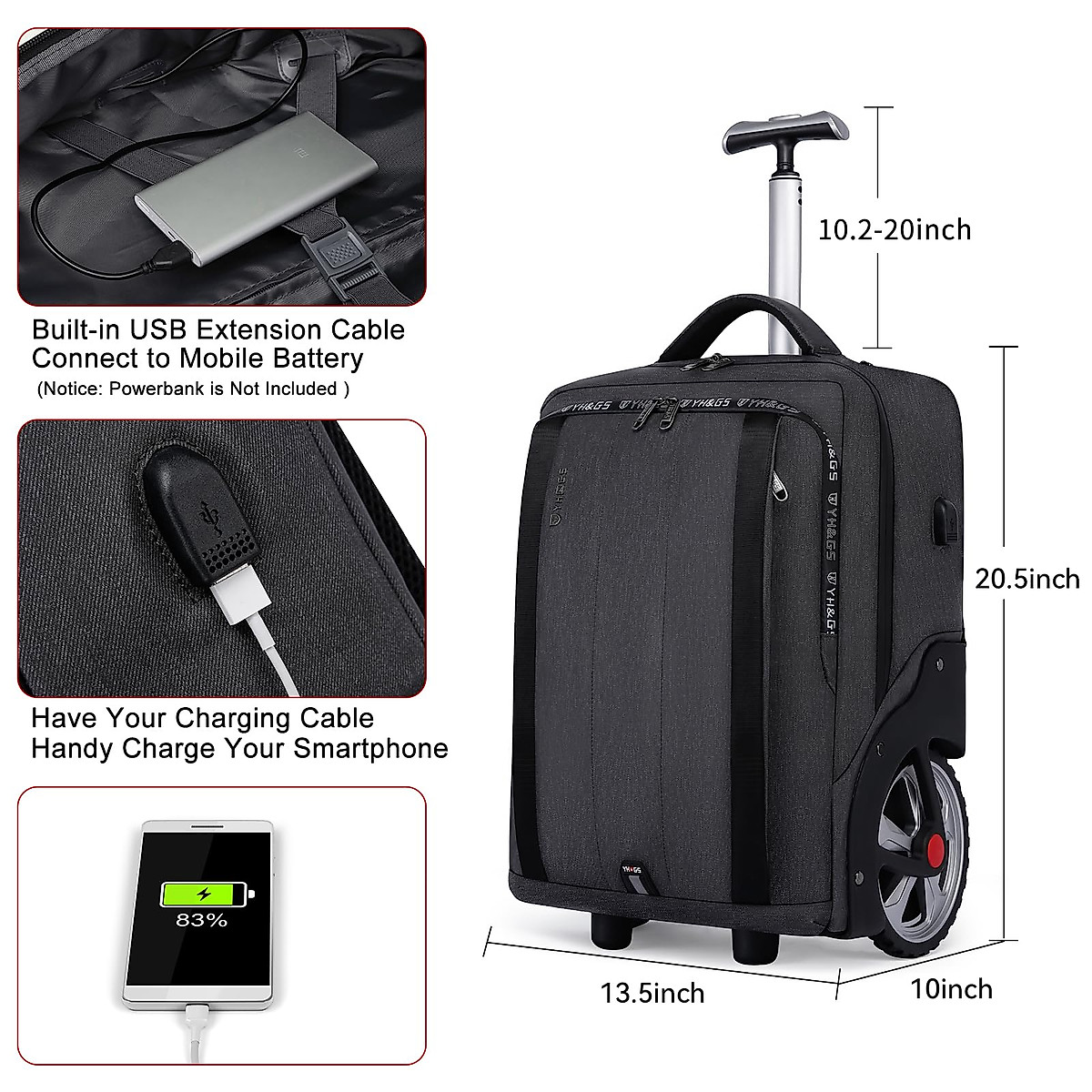 Rolling Backpack Wheeled Backpack, Business Travel Backpack, Carry on Luggage Waterproof Bag, Fit 17.3 Inch Notebook Men Women and College Student Computer Bag (Black)