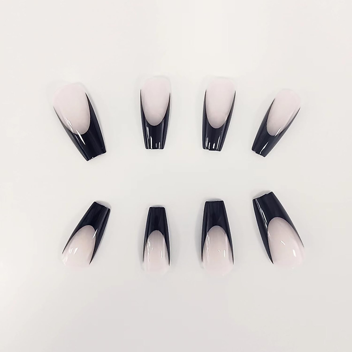 24Pcs Black French Tip Press on Nails Long Coffin Fake Nails with Glue Natural fit False Nails Full Cover Nail Tips Acrylic Artificial Glue on Nails Natural Reusable Stick on Nails for Women