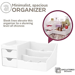 Uncluttered Designs Makeup Organizer With Drawers — Modern Countertop Storage for Cosmetics — Chic Vanity Holder for Perfume, Skincare, Brush, Lipstick, Nail Polish Organization and Display (White)