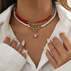 Jumwrit Bohemian Pearl Choker Necklace with Pearl Seashell Pendant Layered Necklaces Colourful Beaded Necklace Paperclip Chain Necklace for Women and Girls