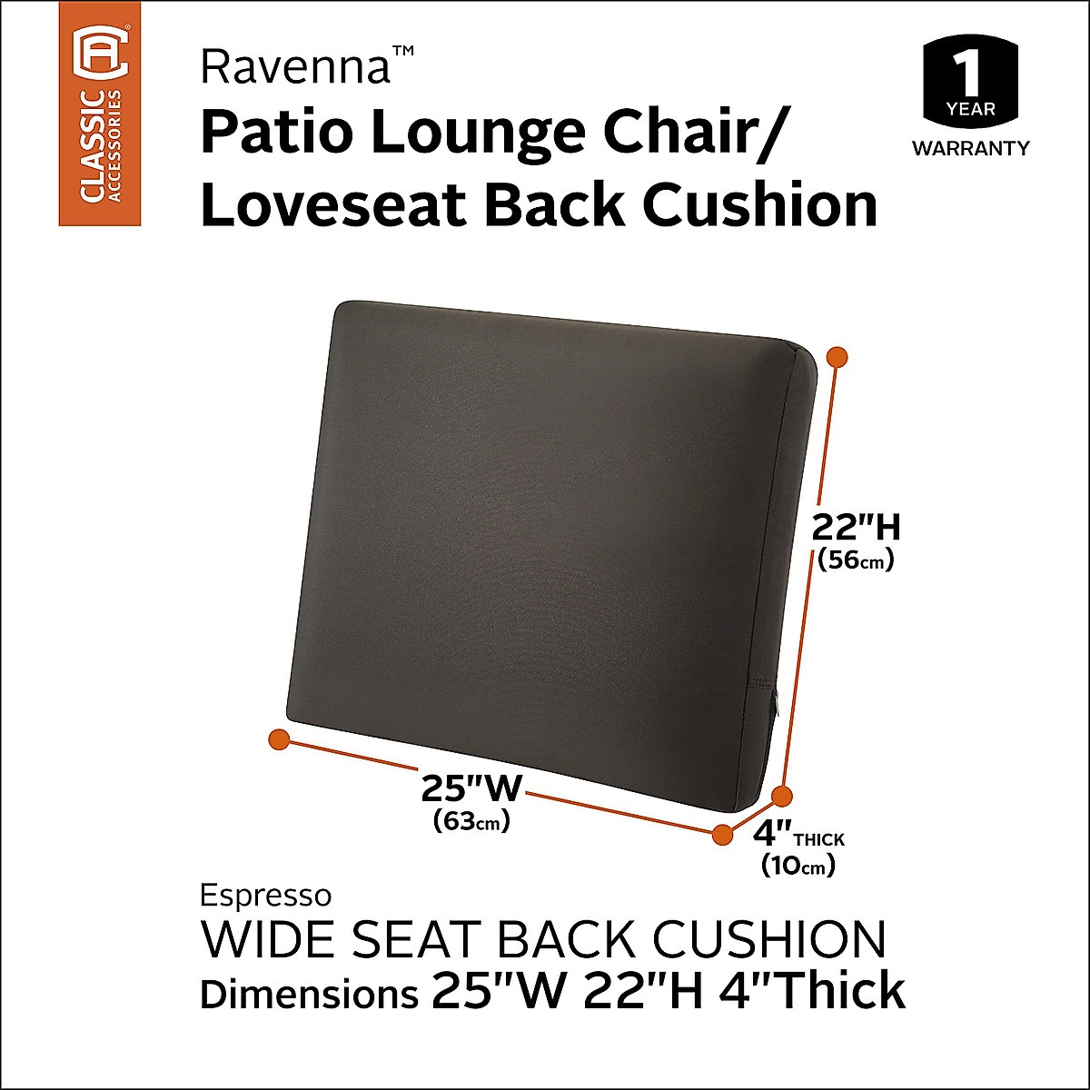 Classic Accessories Ravenna Water-Resistant 25 x 22 x 4 Inch Patio Back Cushion, Espresso, Outdoor Loveseat Cushions