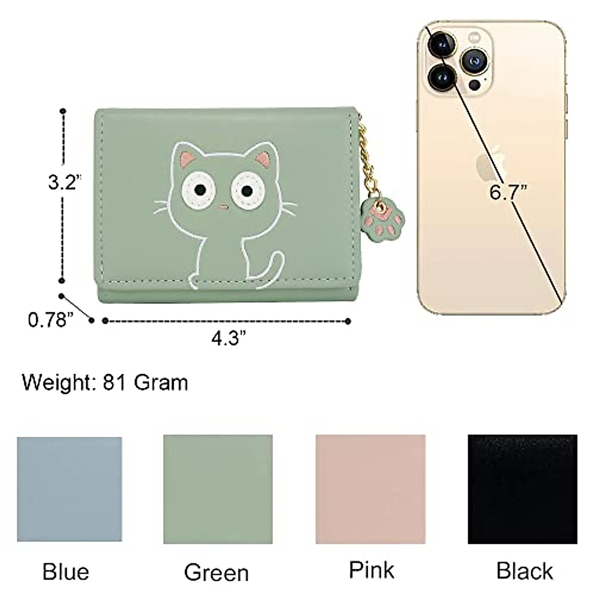 Sunwel Fashion Cute Little Cat Pattern Small Wallet Credit Card Holder Cash Pockets ID Window with Paw Pendant (GREEN, Tri-fold)