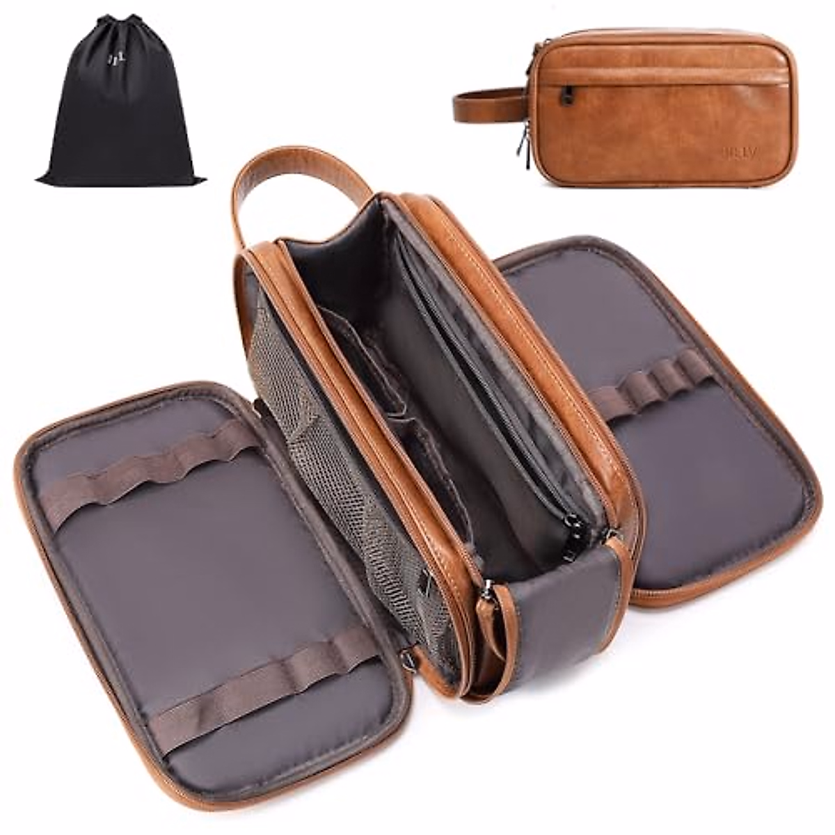 JIELV Travel Toiletry Bag for Men, Large Toiletry Bag Mens Travel Bag Toiletries Organizer for Grooming, Skincare, and Personal Care on the Go (PU-Leather-Waterproof, Brown)