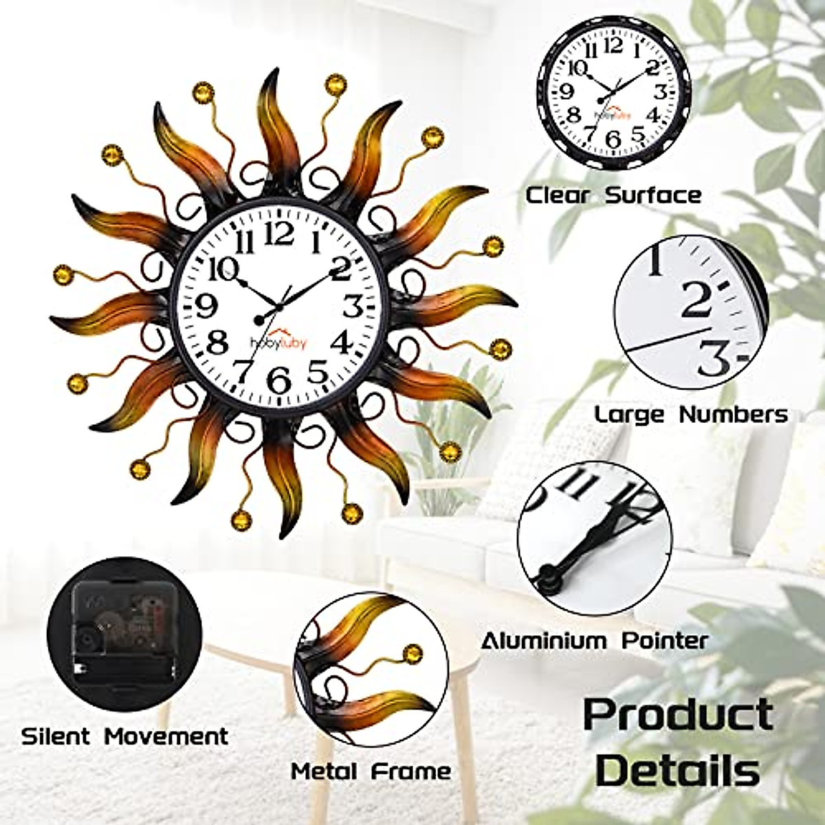 HOBYLUBY 13'' Sun Outdoor Clock, Metal Outdoor Wall Clock Silent Non-Ticking for Patio, Kitchen, Living Room