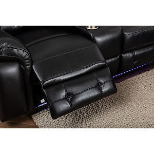Kingway Power Recliner Chair Sectional Couches with LED Light for Living Room, Electric Faux Leather Reclining Sectional Couch Sets with Storage Console for Home, Black