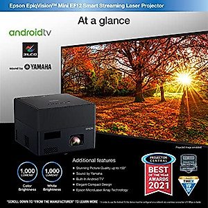 Epson EpiqVision Mini EF12 Smart Streaming Laser Projector, HDR, Android TV, Portable, sound by Yamaha, 3LCD, 1080p, 1000 lumens Color and White Brightness (Renewed)