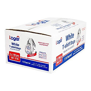 Logar white T-shirt bag 12 + 7 x 23 inches. 5 Packages of 100 bags each. Total: 500 bags