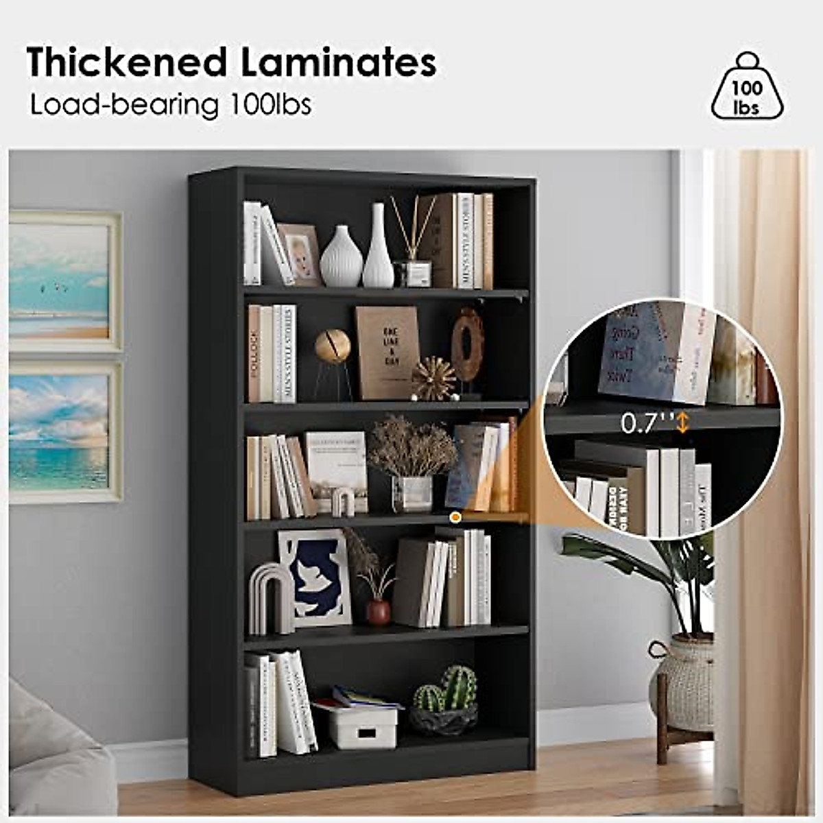 STARY 5 Shelf Bookcase Black Tall Bookshelf for Bedroom 5 Tier Modern Wood Bookshelf 33" Wide 60" Tall