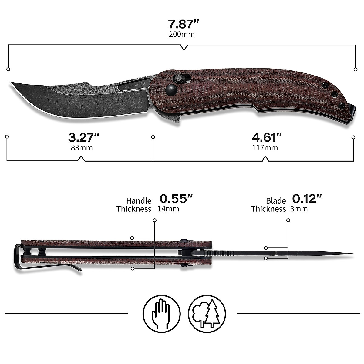 Cohesion Pocket Knives & Folding Knives - D2 Steel Blade Micarta Handle Reversible Pocket Clip, EDC Knife for Camping