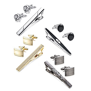 YADOCA Men's Cufflinks and Tie Clips Set Necktie Tie Bar Clips Business Shirts Wedding Tuxedo Cufflinks with Box Silver-Tone Gold-Tone Black