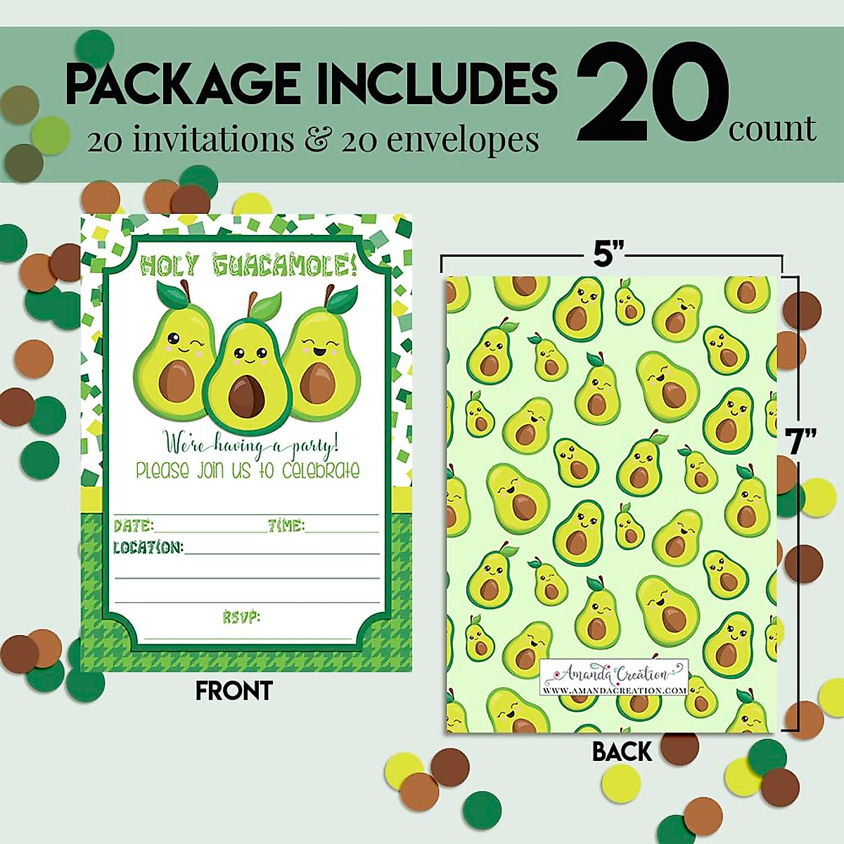 Trio of Avocados Holy Guacamole Fiesta Themed Birthday Party Invitations, 20 5x7 Fill In Cards with Twenty White Envelopes by AmandaCreation