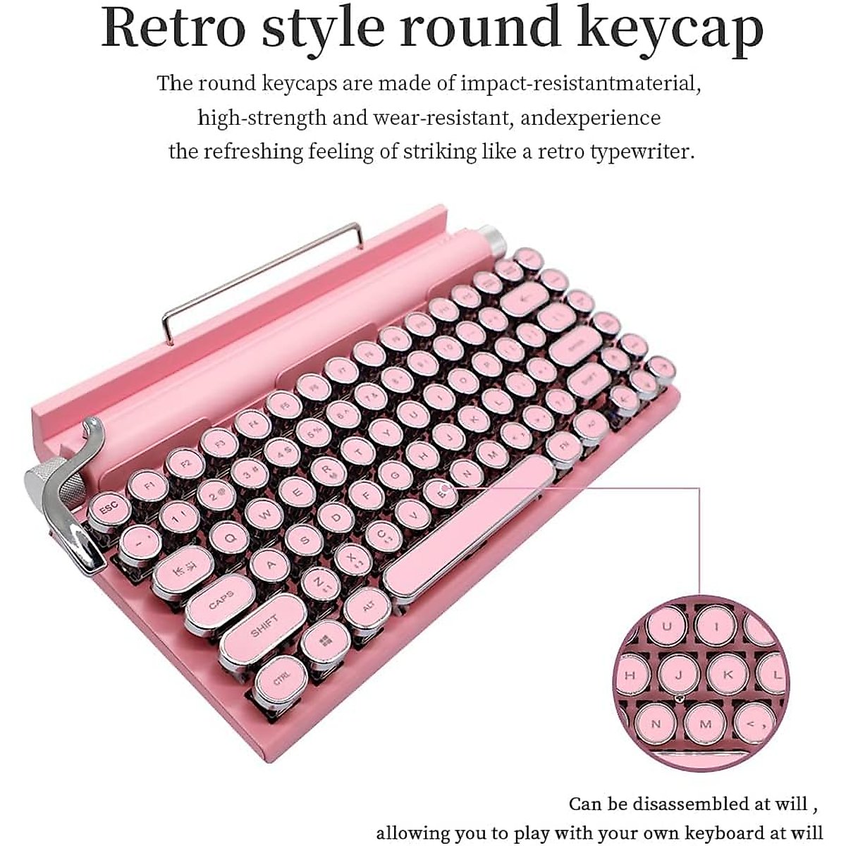 Adventurers Typewriter Keyboard,Bluetooth Wireless Keyboard with 83 Keys Hot Swappable Blue Switch/Round Keycaps/White Backlit/Compact 75% Layout Wired Keyboard for Windows/Mac/PC/Laptop/ipad,Pink