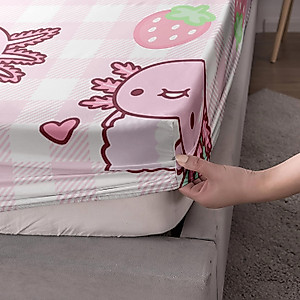 HOSIMA Axolotl Fitted Sheet Set Twin Size for Kids Girls,Pink Cartoon Axolotl Eat Dessert Printing Bedding Set Twin Size for Princess Bedroom Decor,1 Fitted Sheet+2 Pillowcases.