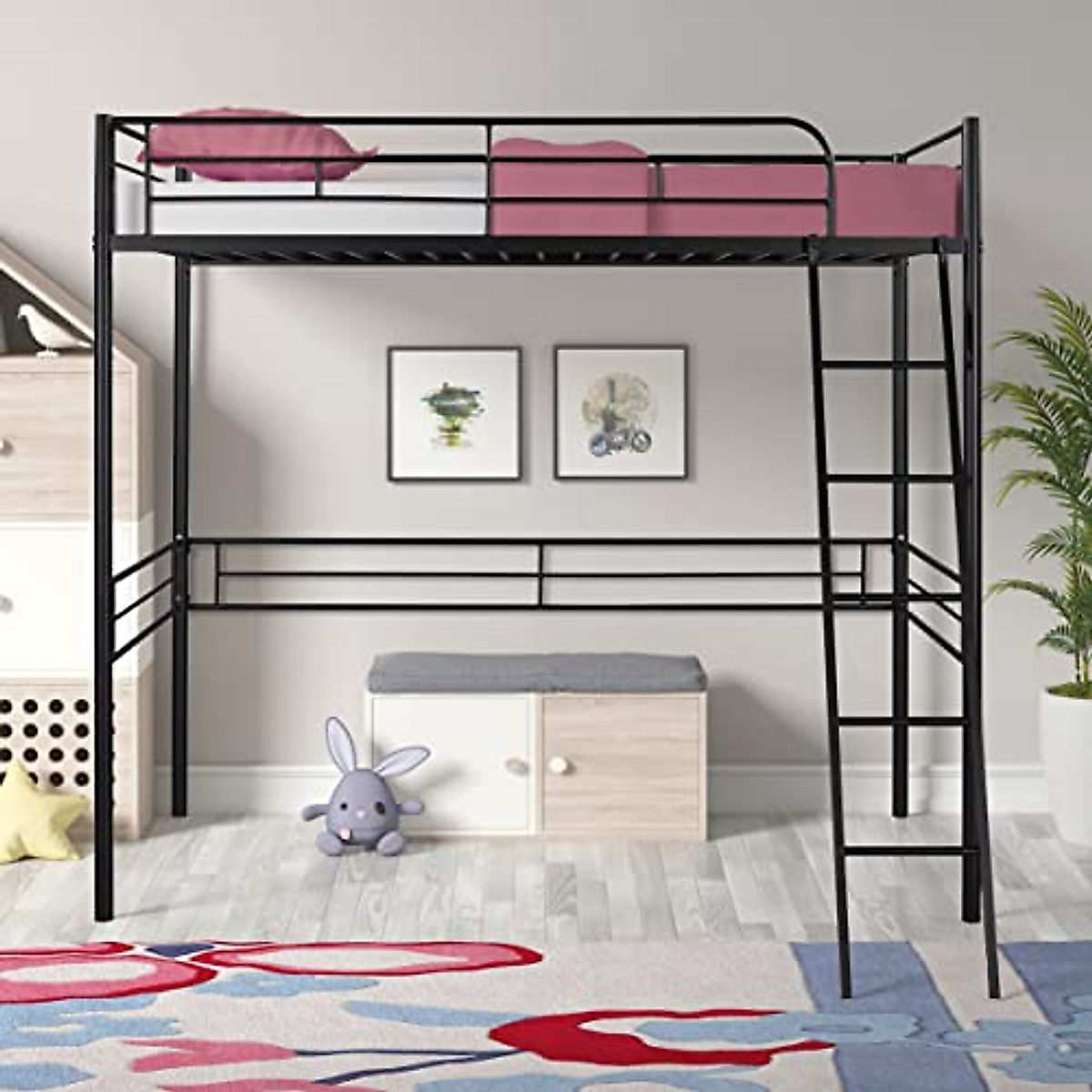 HomSof Twin Loft Metal Heavy Duty High Bunk Bed with Safety Guard Rails and Ladder, No Box Spring Needed, Black