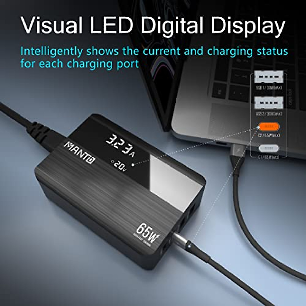 USB C Charger, MANTO 65W USB C Charger with LED Display, Super Fast Charger with Dual USB C+ Dual USB A, PPS USB C Charging Station Compatible with MacBook Pro/Air, Laptops, iPad, iPhone and More