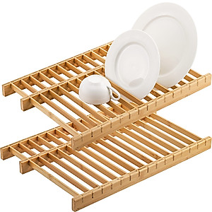 Lawei 2 Pack Over The Sink Dish Drying Rack, Bamboo Dish Rack Plate Stand Pot Lid Holder Kitchen Cabinet Organizer for Bowl, Cup, Cutting Board and More