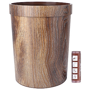 ABOOFAN Vintage Wood Grain Plastic Trash Can 10L Round Wastebasket Farmhouse Garbage Bin Container for Office Bedroom Bathroom Brown