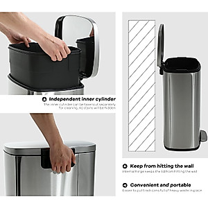 Trash Can, Garbage Can 13 Gallon/ 50L Stainless Steel Metal Bathroom Step Trash Can for Home and Kitchen Waste and Recycling with Lid, Inner Bucket