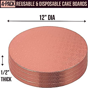 PixiPy Cake Boards (4 Pack, 12 inch, Rose Gold), Reusable Round Cake Drums for Showstopping Desserts, Heavy-Duty Disposable Cardboard Cake Bases W/Elegant Patterns, Cake Decorating Supplies