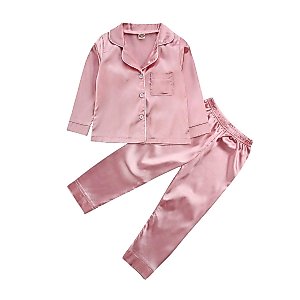 TiendaDeLage Toddler Baby Girl Satin Silk 2 Piece Long Sleve Collared Button Down Shirts and Pants Casual Loungwear Cute Clothes (Long Sleeve Pink,6-12 Months)