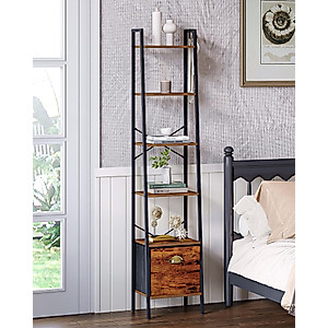 Hzuaneri Narrow Bookshelf Bookcase with Drawer, Ladder Shelf with 2 Hooks, Bookshelves Storage Organizer, Freestanding Display Standing for Home Office, Bedroom, 6 Tier Rustic Brown BC19601B