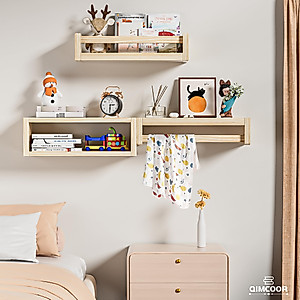 QimCoor Nursery Shelves with Lip, 5.7 inch Deep Floating Shelf with Extra Cube Shelf, Natural Solid Wood Kids Bookshelf, Baby Nursery Decor for Wall (Natural-2pack, 16.5in)