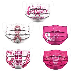 GOGCIAO Breast Cancer Awareness Accessories Disposable Face Cover with Designs for Women,Pink Ribbon Printed Pattern with Nose Wire,50Pcs
