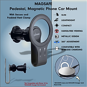 MAGNETIC LINK Car Mount, Compatible with MagSafe Cases and MagSafe Wireless Charger for iPhone 15, 14, 13, 12 series, Hands Free Cell Phone Holder with Secure Vent Clip - Graphite