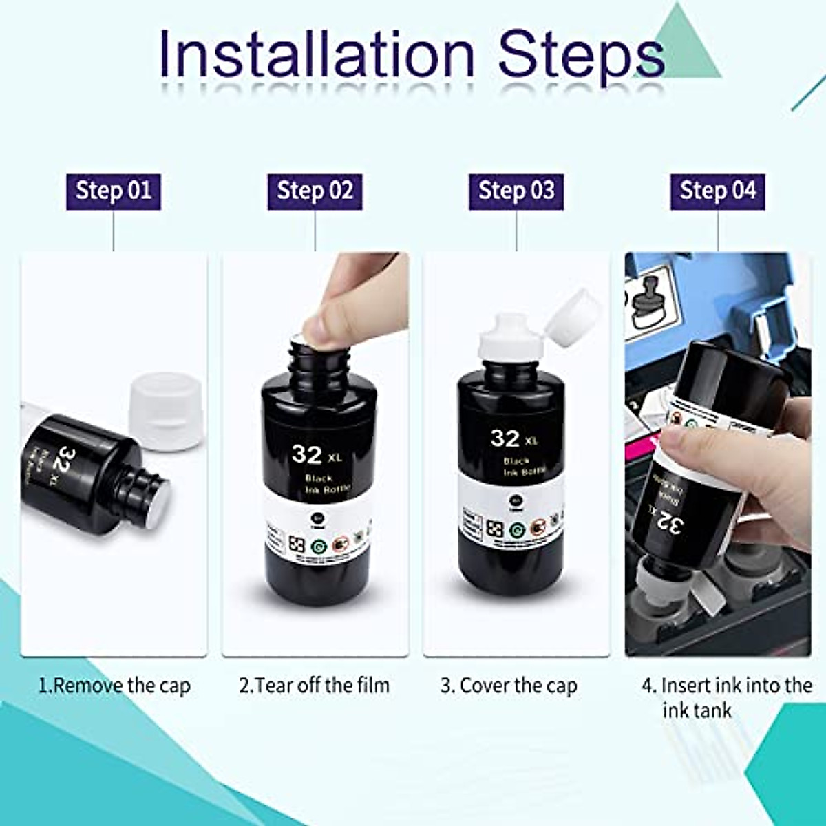 Topcolor Compatible Ink Bottle Replacement for HP 31 32XL Ink for HP Smart-Tank 7301 6001 7602 5101 7001 Plus 551 651 455 457 450 All-in-One Ink-Tank Printer, 165mL Black, 100mL Cyan Magenta Yellow