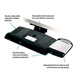3M Easy Adjust Keyboard Tray, Adjustable Platform, 23-Inch Track, Black (Akt150le)