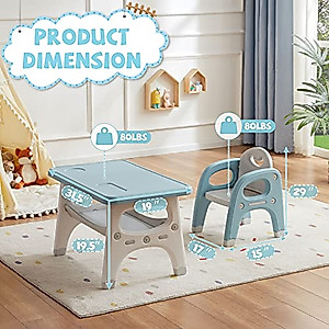 DOREROOM Kids Table and Chair Set, Plastic Children Activity Table with 2 Seats, Toddler Table and Chair Set for Reading, Drawing, Snack Time, Arts Crafts, Preschool, Gift for Boys Girls, Blue