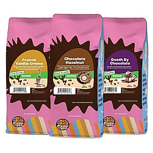 Crazy Cups Decaf Flavored Ground Coffee Variety Pack, Includes Chocolate Hazelnut, French Vanilla and Death by Chocolate, in 10 oz Bags, For Brewing Flavored Hot or Iced Decaf Coffee, Variety 3 Pack