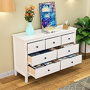 CARPETNAL White Dresser, Modern Dresser for Bedroom, 7 Drawer Double Dresser with Wide Drawer and Metal Handles, Wood Dressers & Chests of Drawers for Hallway, Entryway.