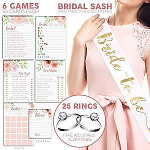 Floral Bridal Shower Games – Set of 6 (50 Cards Each) w/ Bride to Be Sash & 25 Adjustable Silver Diamond Engagement Rings – Luxury Pre-Wedding Party Favor Accessories